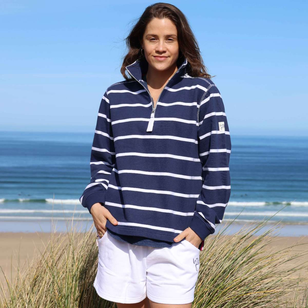 LJ35 - Ladies Striped Quarter Zip Sweatshirt - White – Lazy Jacks